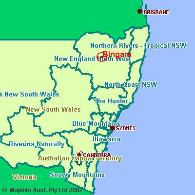 Documents - Bingara. MAP. In relationship to NSW and Queensland.
