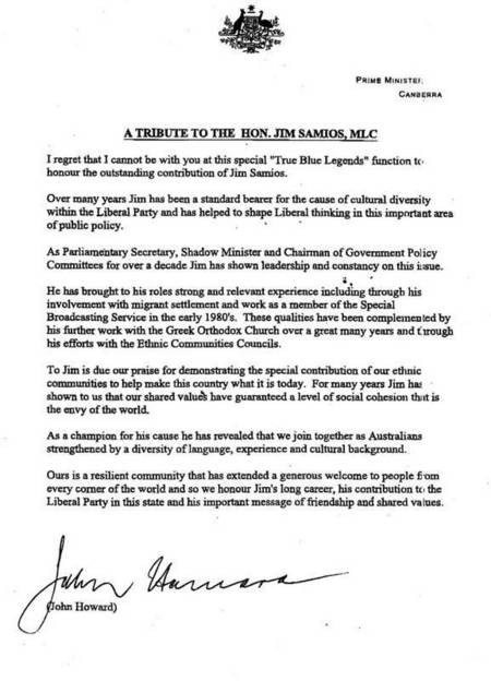 Documents - Jim Samios. Tribute of John Howard, Prime Minister of ...
