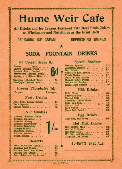 Cafes, Shops & Cinemas - Menu from the Hume Weir Cafe, Albury NSW