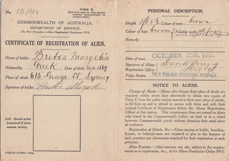 Documents - Registration of Alien Certificate of Bretos Margetis, 1915